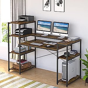 Computer Desk with 4-Tier Storage Shelves, 63 Inches Large Industrial Office Desk with Monitor Shelf and CPU Stand, Study Writing Table Workstation with Printer Stand for Home Office, Rustic Brown