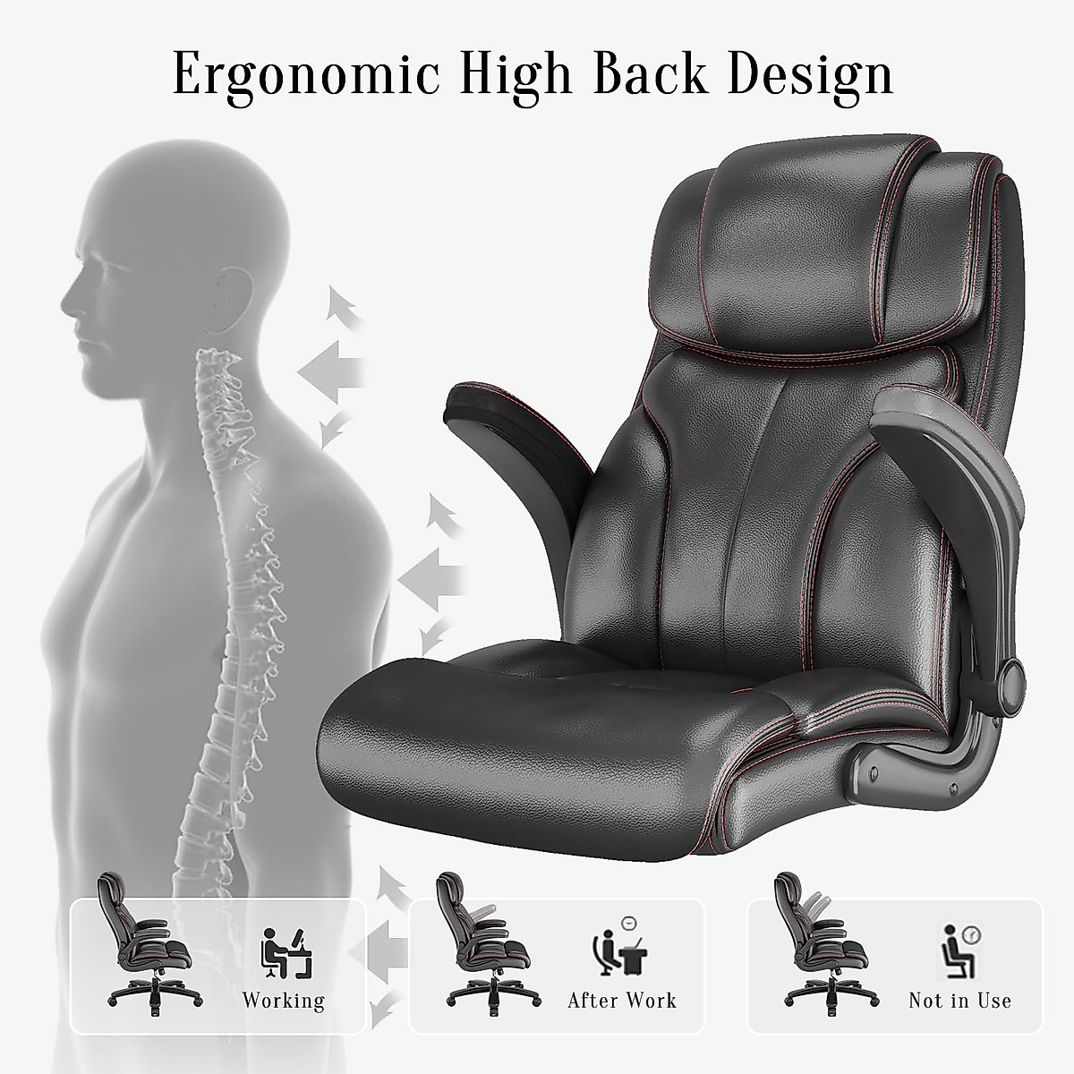 Executive Desk Chair, Sucrever Big and Tall Home Office Chairs for Heavy People 400lbs Wide Seat, High Back Large Executive Office Chair with Adjustable Flip up Arms, Black Leather Computer Desk Chair