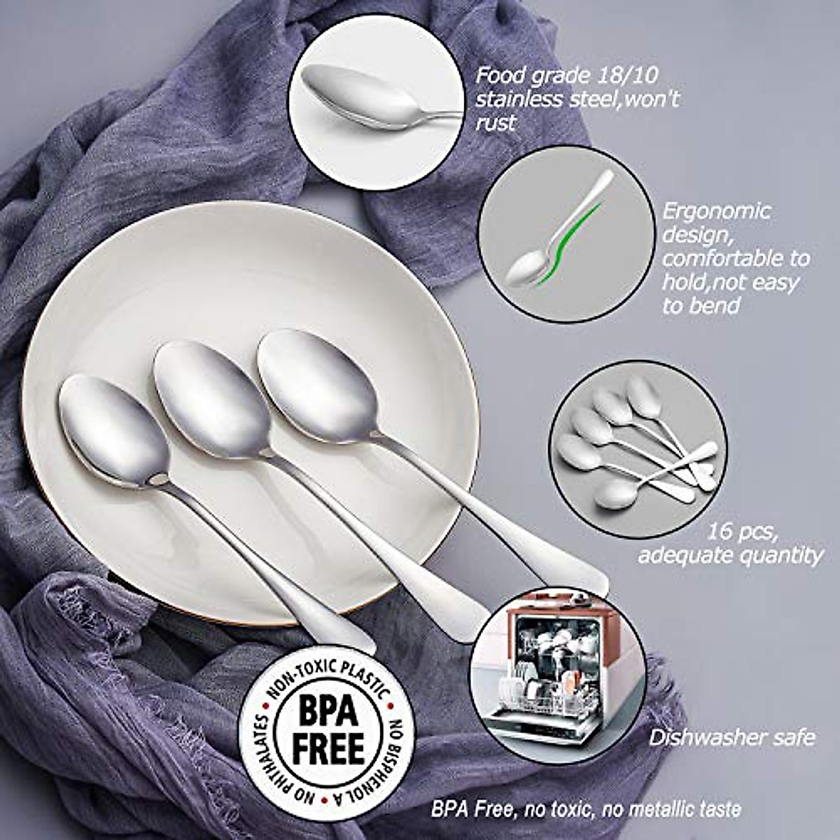 12 Pcs Dinner Spoon Set,Premium Food Grade Stainless Steel Spoons,Durable Metal Spoons,Tablespoon,Spoons Silverware Only,Mirror Finish & Dishwasher Safe,Use for Home,Kitchen and Restaurant - 7.3 inch