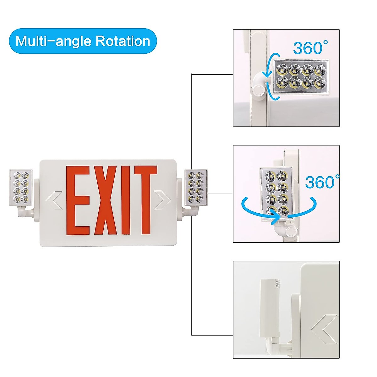 EXITLUX 2 Packs UL Listed- Led Red Exit Sign Emergency Light Combo- Two LED Adjustable Head Emergency Exit Lights with Battery Backup- ABS Fire Resistance 120-277V-Double Face-Exit Sign for Business