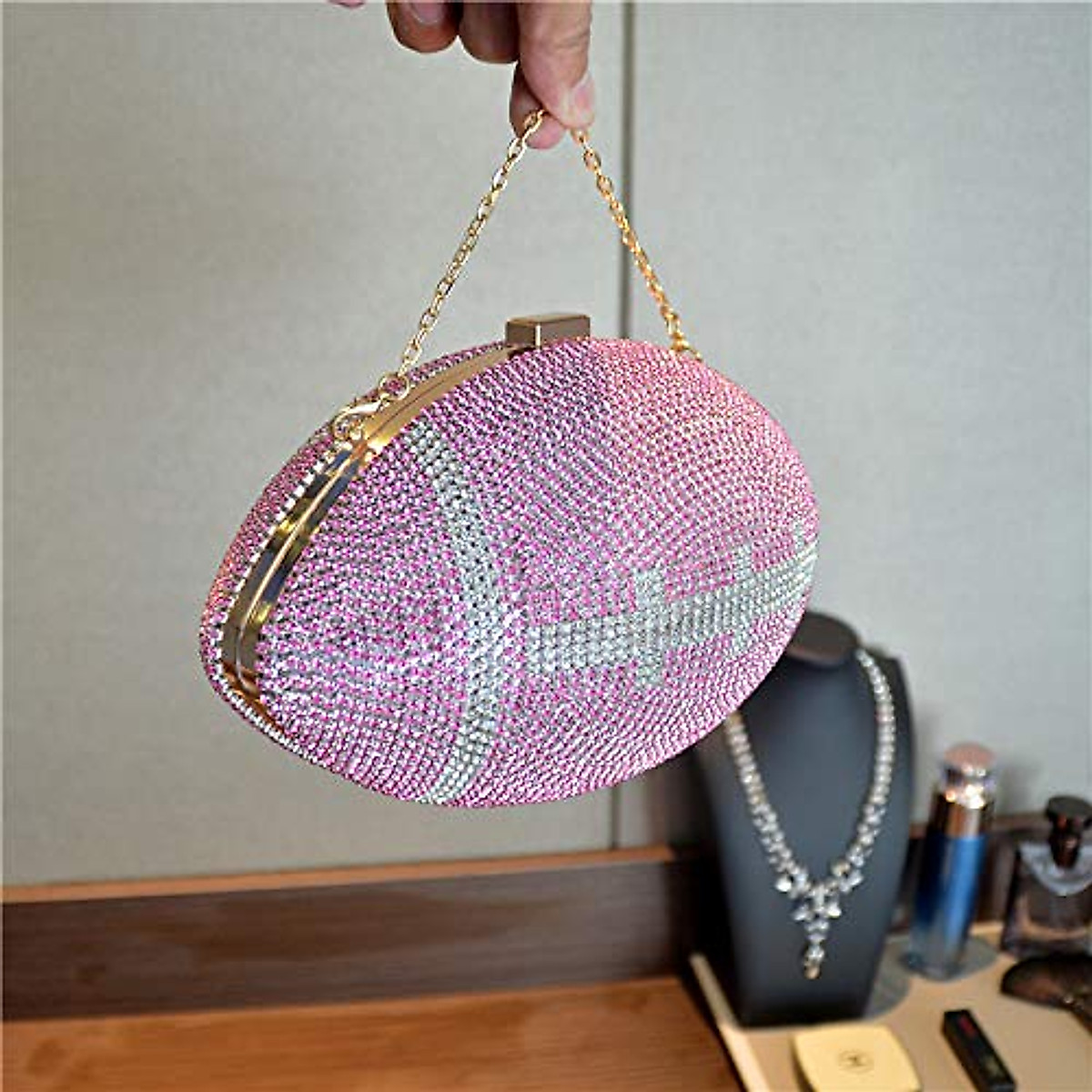 UMREN Women Rugby Shaped Cross Body Purse Rhinestone Ellipse Ball Crystal Evening Bag Clutch Handbag for Wedding Party (One Size, Pink-R)