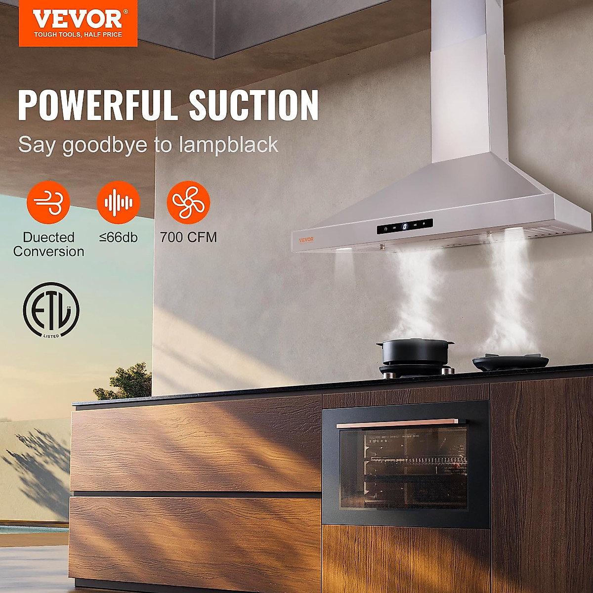 VBENLEM Wall Mount Range Hood, Ductless Chimney-Style Kitchen Stove Vent, Stainless Steel Permanent Filter with 3-Speed Exhaust Fan, 2 Baffle Filters, LED Lights, Touch Control Panel (30 inch)