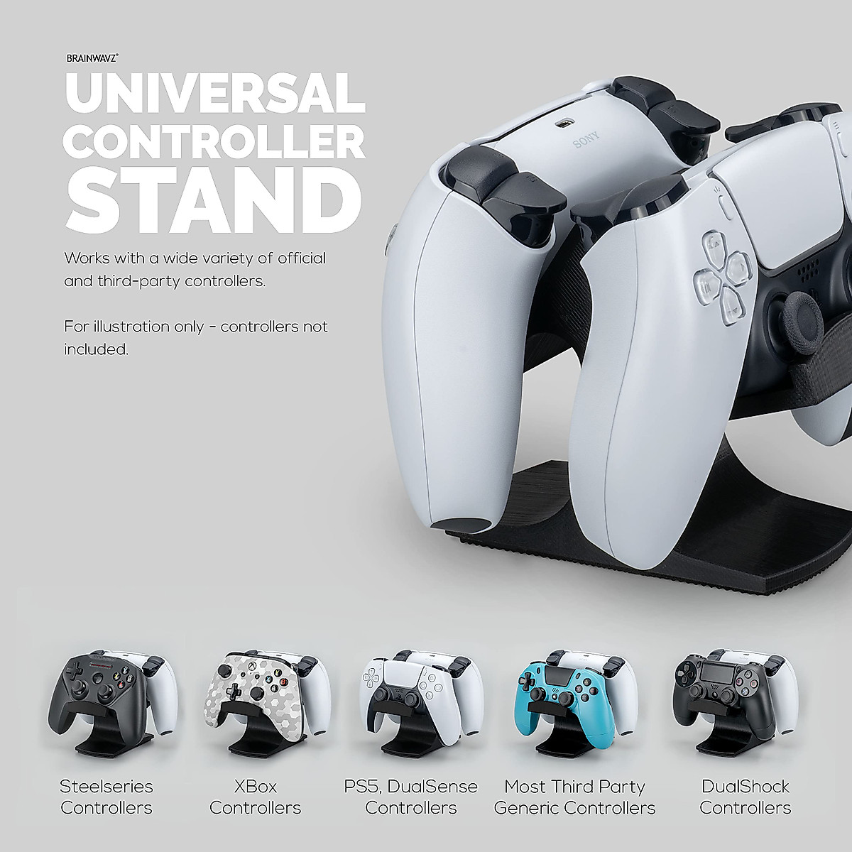 BRAINWAVZ Dual Game Controller Desktop Holder Stand - Universal Design for Xbox ONE, PS5, PS4, PC, Steelseries, Steam & More, Reduce Clutter UGDS-03 (Black)
