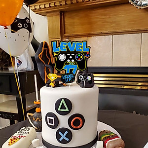 4PCS Level 17 Birthday Cake Toppers - Blue Glitter Video Game 17th Birthday Cake Picks - Boy's Birthday Gaming Theme Cupcake Toppers set - Level Up Winner Party Decoration Supplies