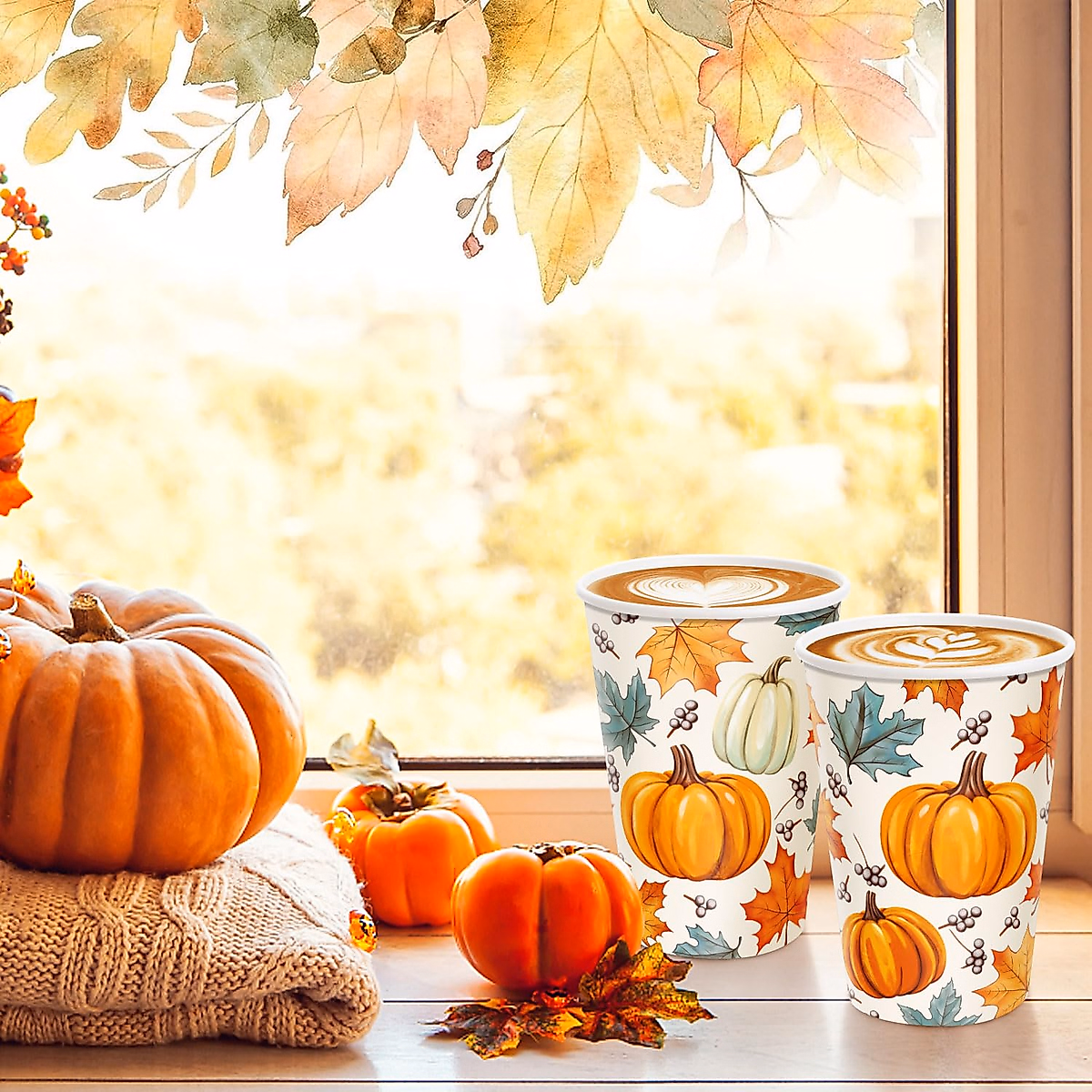 Thanksgiving Disposable Paper Cups 30 Pack, Pumpkin Maple Leaves Paper Cups, Fall Drinking Cups for Hot and Cold Beverages 12 Ounce, Thanksgiving Dinner Autumn Harvest Fall Party Supplies