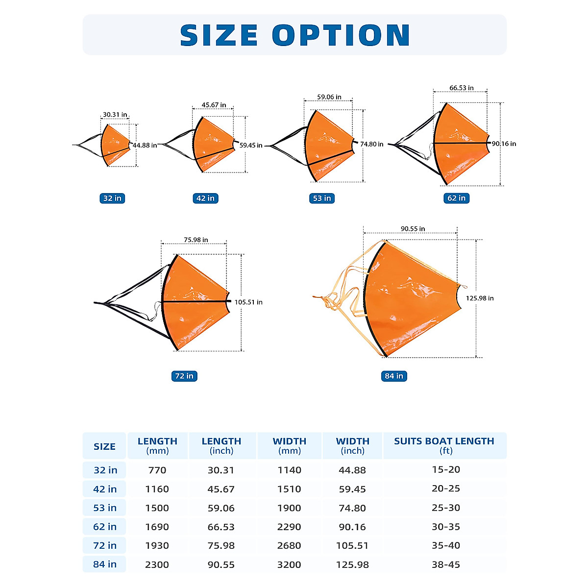 BLUEWING 32in Sea Anchor Drift Sock 840D Nylon Parachute Fishing Drogue for Marine Boat/Jet Ski/Sail, Orange