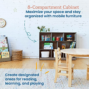 ECR4Kids 8-Compartment Mobile Storage Cabinet, 36in, Classroom Furniture, Grey Wash