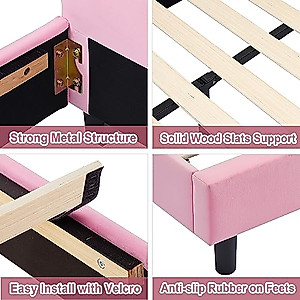 VECELO Kids Twin Bed Frame with Upholstered Headboard, Princess Beds for Girls, 12 Wooden Slats Support, No Boxing Spring Needed