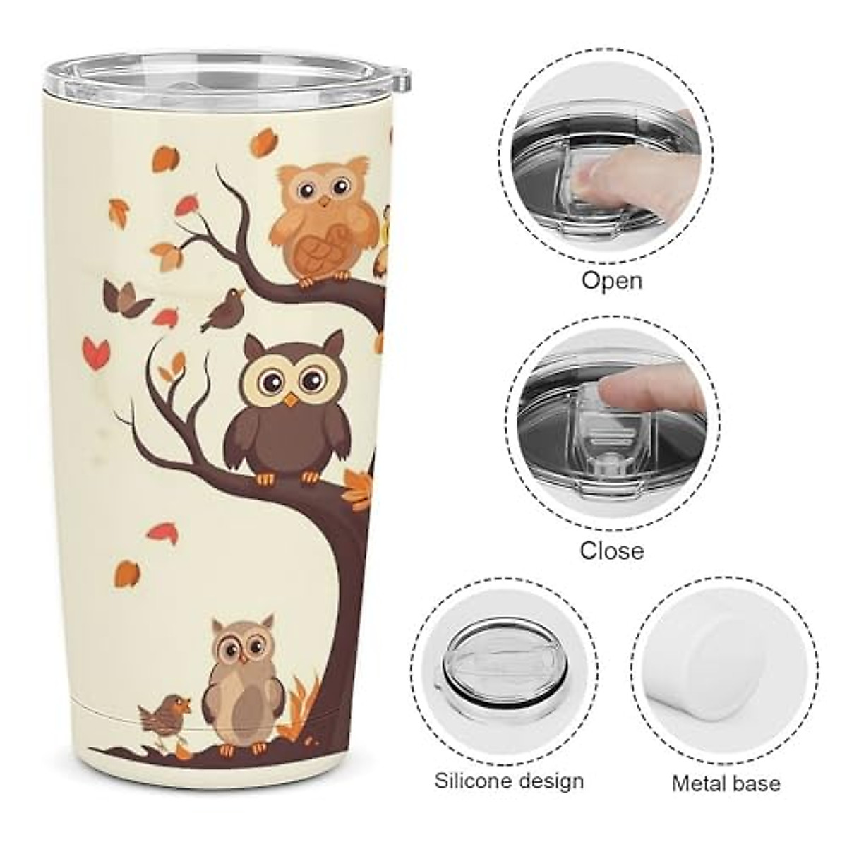 ZXDSKGYN 20 Oz Tumbler With Straw Leak Proof Thermos Cup, Cartoon Family Owls On The Brown Tree Stainless Steel Insulated Travel Coffee Mug Fit for Car Cup Holder