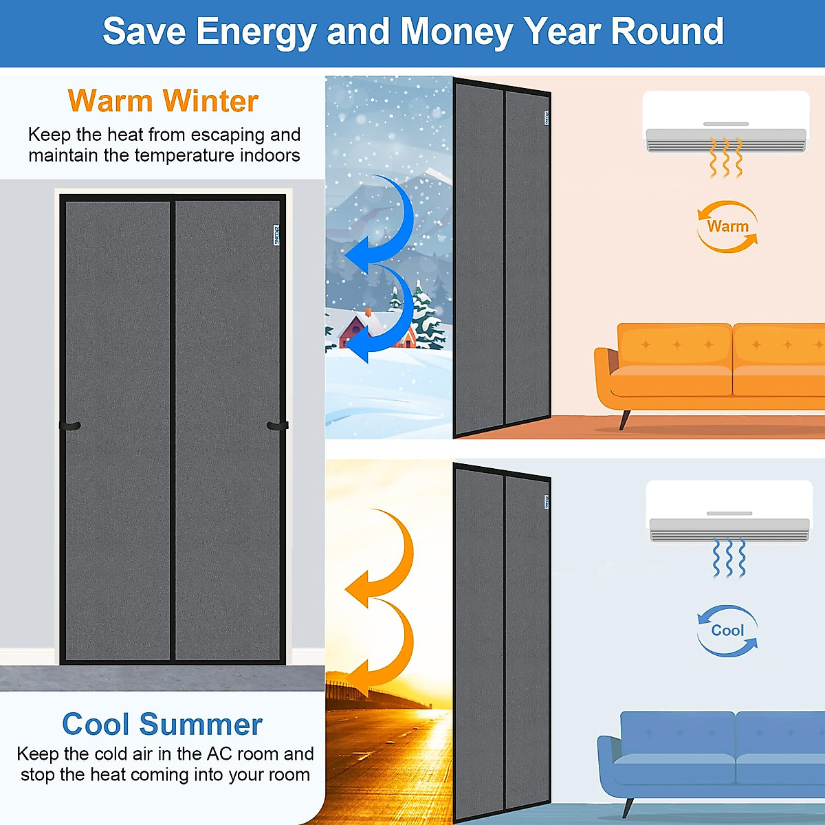 DCUINS Magnetic Fabric Thermal Insulated Door Curtain Fit Door Size 38" x 83", Upgraded Full Strip Magnets Doorway Curtains, Door Insulation Blanket Keep Privacy for Year Round, Dark Grey