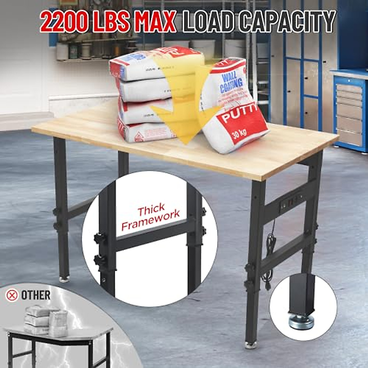 48" Adjustable Work Bench Garage Workbench with Power Outlets, 2200 Lbs Capacity Hardwood Top Work Bench Table Heavy-Duty Workbench for Garage, Workshop, Office, Home