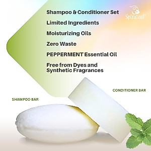 SpiraLeaf Shampoo Bar & Conditioner Bar Set, PEPPERMINT Pure Essential Oils, Light Scent, Limited Ingredients, Concentrated Formula, Made USA, Zero Waste, Color-Fragrance Free, Travel Ready