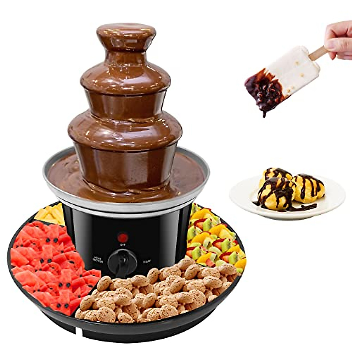 Micnaron 3 Tiers Chocolate Fountain Chocolate Fondue FountainElectric Melting Chocolate Machine Mini Hot Chocolate Fondue Pot Stainless Steel Heated Basin Chocolate Fountain With Fruit & Nut Plate For Nacho Cheese, BBQ Sauce, Ranch, Liqueurs（Black）