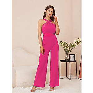 WDIRARA Women's Sleeveless Halter Tied Backless High Waist Belted Wide Leg Pants Elegant Jumpsuit Rompers Plain Hot Pink L
