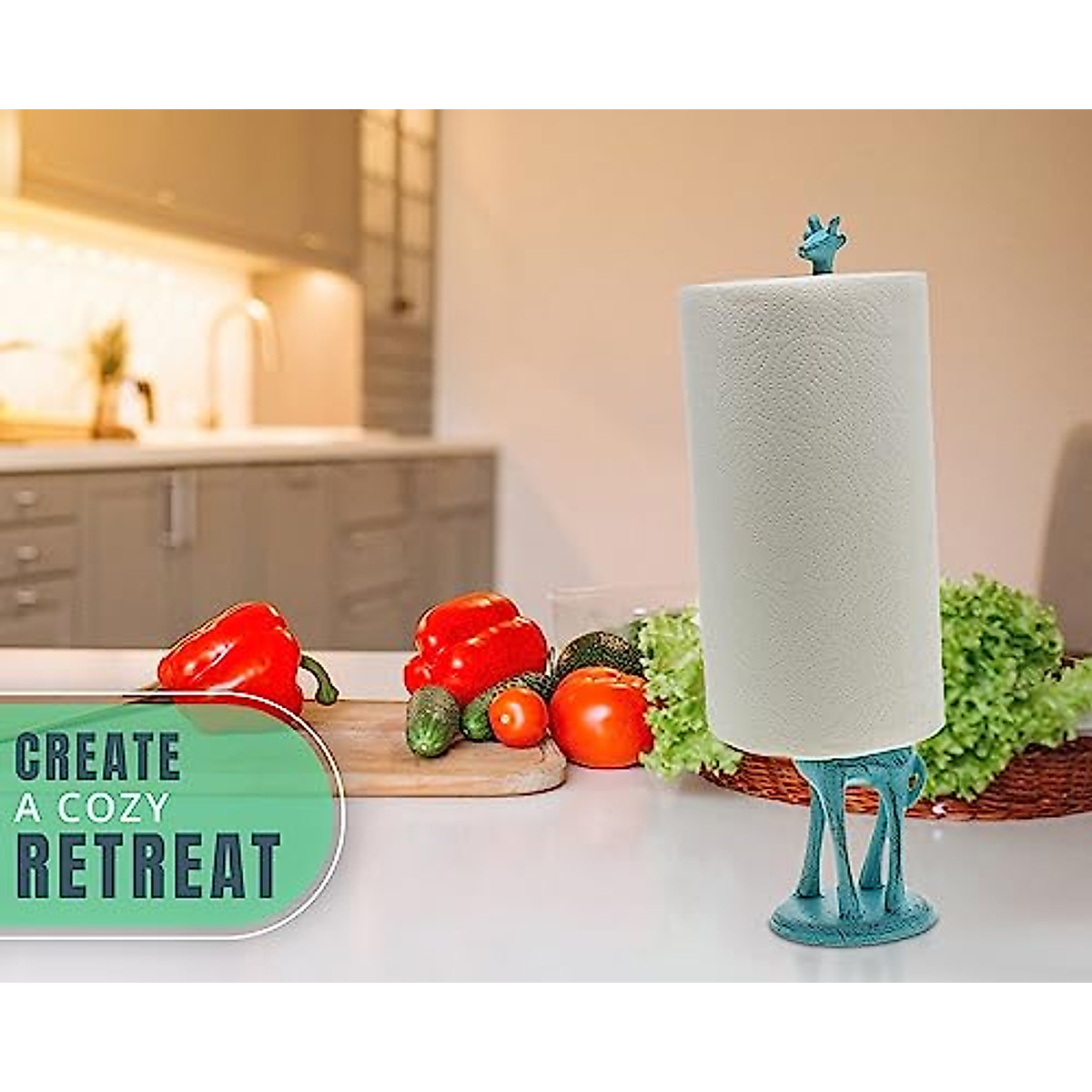 Paper Towel Holder or Free Standing Toilet Paper Holder- Cast Iron Giraffe Paper Holder - Bathroom Toilet Paper Holder or Stand Up Paper Towel Holder - Rustic Blue w/Vintage Finish by Comfify