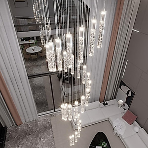 IDEQUY Large Crystal Chandeliers for High Ceilings 32-Lights Silver 150in Spiral Crystal Column Chandelier for Foyer Entryway LED Dimmable 3000K-6000K