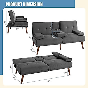 Shintenchi 60" Small Loveseat, 3 in 1 Cute Convertible Sofa Bed, Modern Futon Recliner Sleeper w/2 Cup Holder, Upholstered Folding Couch for Small Space, Dark Gray