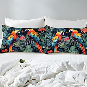 Manfei Tropical Birds Bedding Set Twin Size 2 Pcs,Jungle Parrot Bird Wild Animal Duvet Cover for Kids Teens Bed Comforter Cover Set,Green Palm Leaves Nature Botanical Bedding Quilt Cover Set