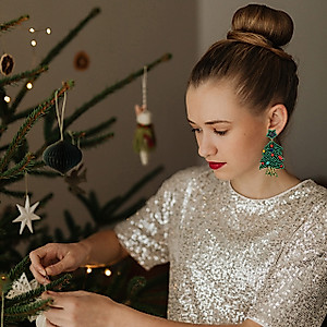 Christmas Earrings for Women Beaded Rhinestone Christmas Tree Dangle Earrings Xmas Santa Holiday Gifts for Women Red Tree