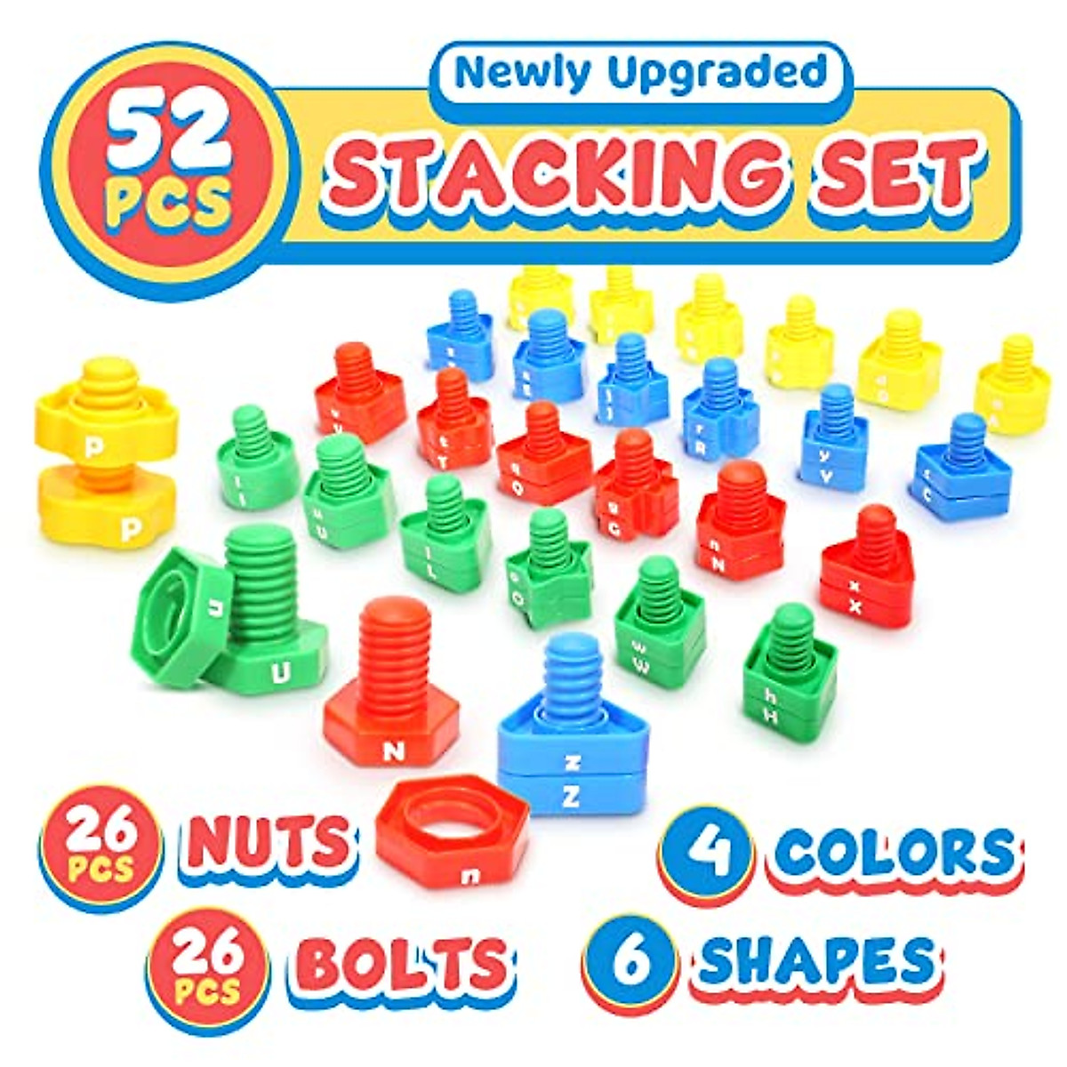 Letters Learning Matching Game | Fine Motor Skills Toy Set for Toddlers | 26 Alphabet Learning Toys with 52 pcs Nuts and Bolts Sorting & Stacking Toys, ABC learning Educational Montessori Toy for Kids