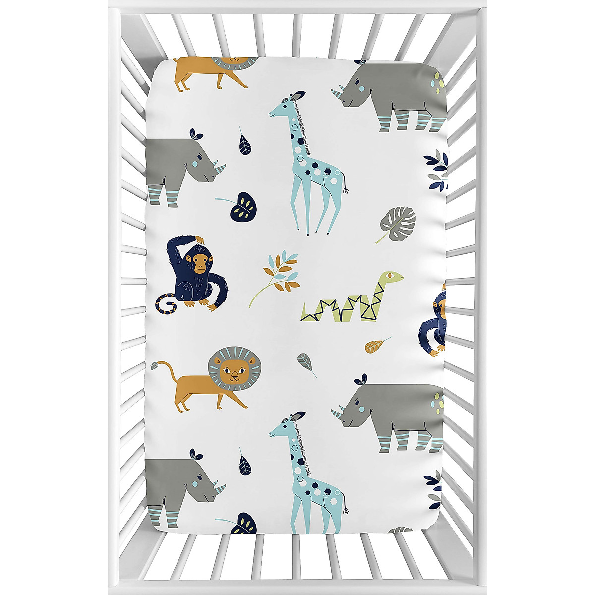 Sweet Jojo Designs Turquiose and Navy Blue Safari Animal Baby Boy or Girl Unisex Fitted Mini Portable Crib Sheet for Mod Jungle Collection - for Mini Crib or Pack and Play ONLY