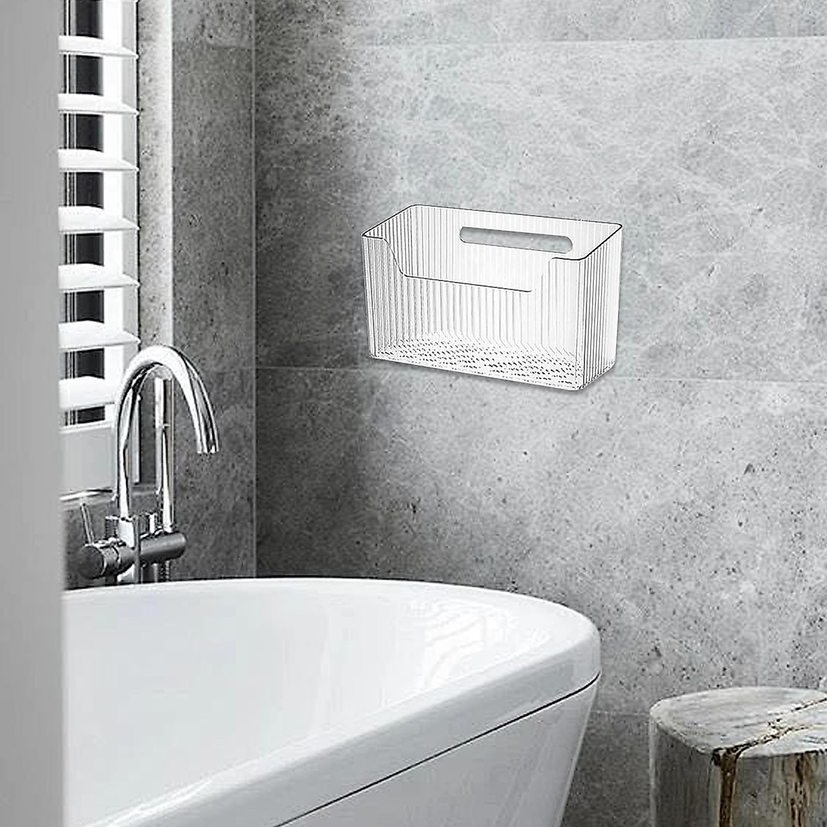 Adhesive Shower Caddy - Shower Shelves - Wall Mounted Small Storage Organizer Box - Plastic Basket, Bottom Open Drains Water, No Drilling, for Bathroom, Pantry, Kitchen, Laundry, Utility Room