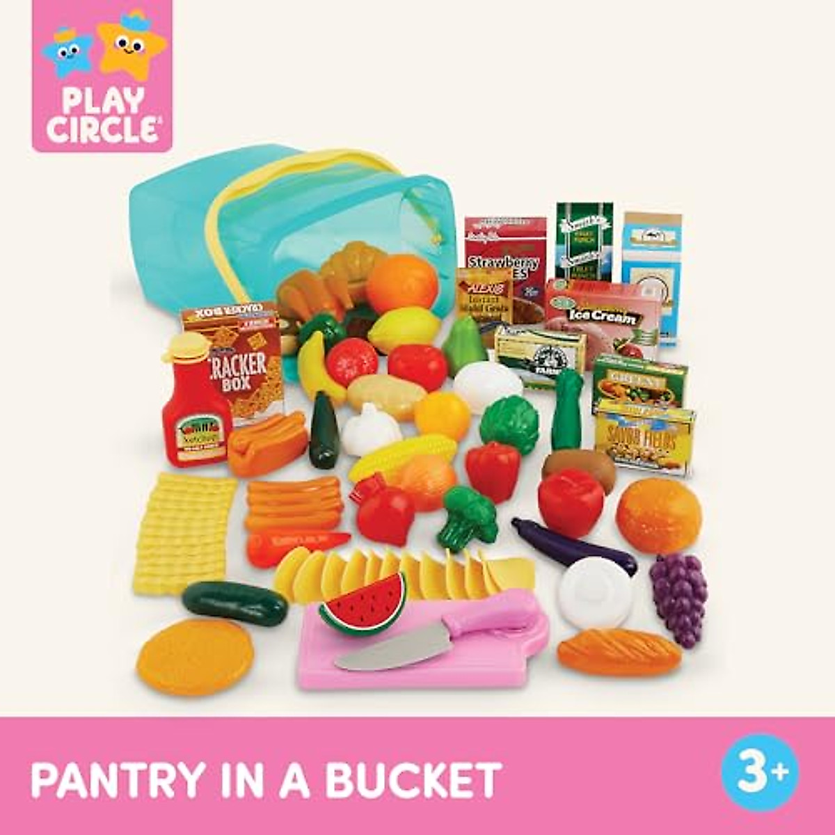 Battat- Play Circle- Play Food – Kitchen Toys – Grocery Store- Pretend Play- Pantry In A Bucket- 3 years + (79 Pcs)