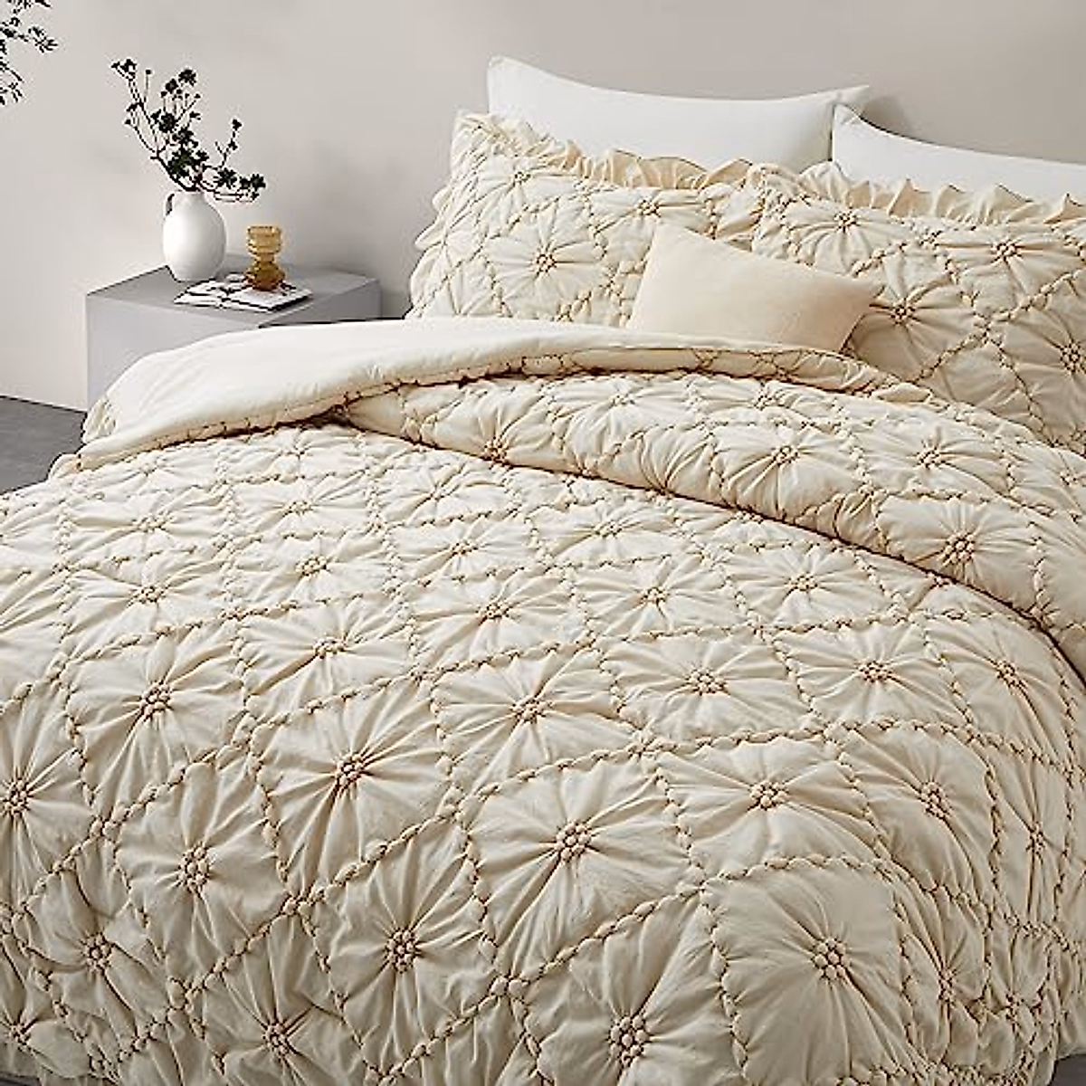 BEDAZZLED Comforter Set King Size, Pinch Pleat Exquisite Bedding, Bed in a Bag with Ruffled Shams All-Season Down-Alternative, Beige(102"*88")