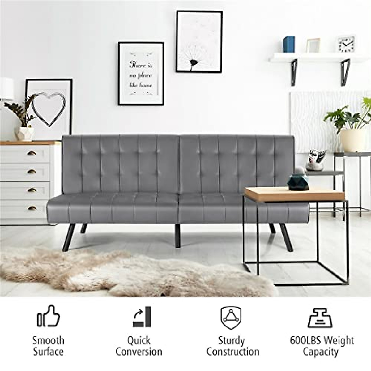 Walnut Futon Sofa Bed PU Leather Convertible Folding Couch Sleeper Lounge Convenient Installation (Color : A)