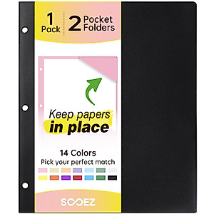 Sooez Plastic Pocket Folders with Reference Guide, 5 Pack Heavy Duty Folders with Pockets, 4 Pocket Folders with Pockets 3 Hole Punched, Stores Well in 3-Ring Binders, 5 Primary Colors