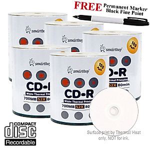 Smartbuy 500-disc 700mb/80min 52x CD-R White Thermal Hub Printable Blank Media Disc + Black Permanent Marker
