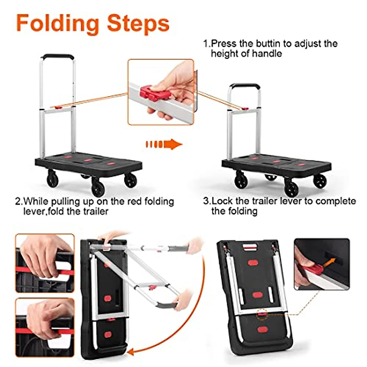 Double Rhombus Folding Hand Truck Platform Truck 330 Lbs Heavy Duty Dolly Cart with Wheels, Fully Folded Push Cart, Portable Trolley Utility Cart for Easy Storage, Garage Moving Shopping Home Office