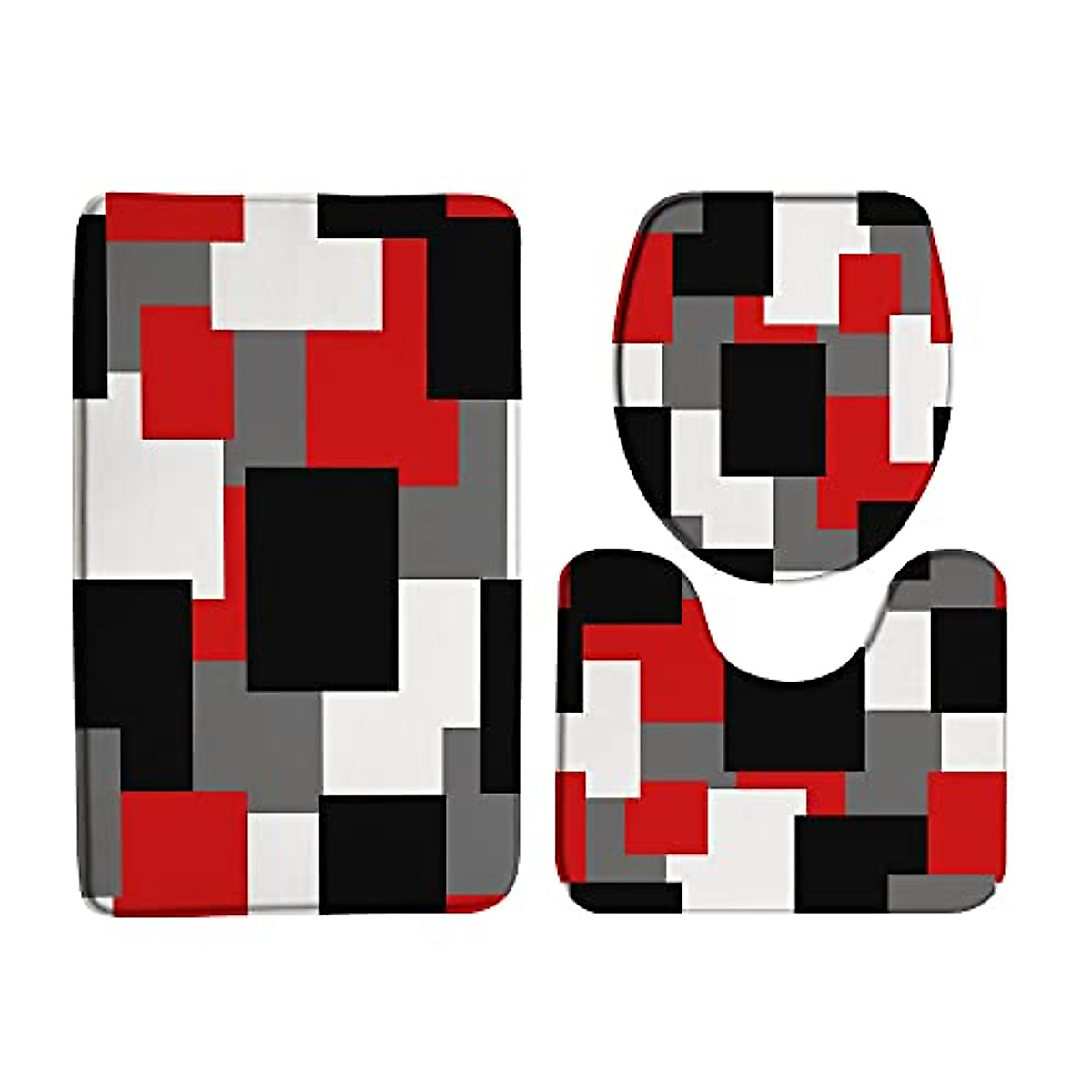 FEIERMAN 3 Pcs Red Black Bath Mat White Gray Abstract Geometry Pattern Microfiber Memory Foam Bath Kitchen Living Room Foyer Decor Rug 18x30 Inch