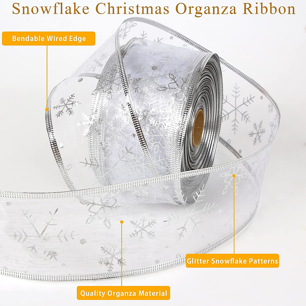 CCINEE Snowflake Christmas Organza Ribbon 2.5"X 50 Yards Silver Snowflake Wired Sheer Glitter Ribbon for Xmas Tree Decor Gift Wrapping Craft Party Decoration