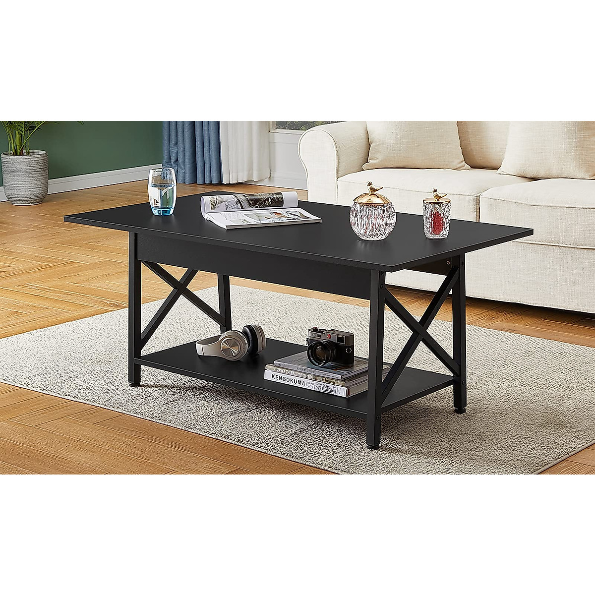 GreenForest Coffee Table Large 43.3 x 23.6 inch with Storage Shelf for Living Room, Easy Assembly, Black