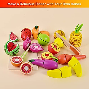 FUN LITTLE TOYS 35PCS Wooden Play Food for Kids Kitchen, Pretend Cutting Food Toys with Wooden Tray, Dishes and Knife for Kids, Pretend Play Food