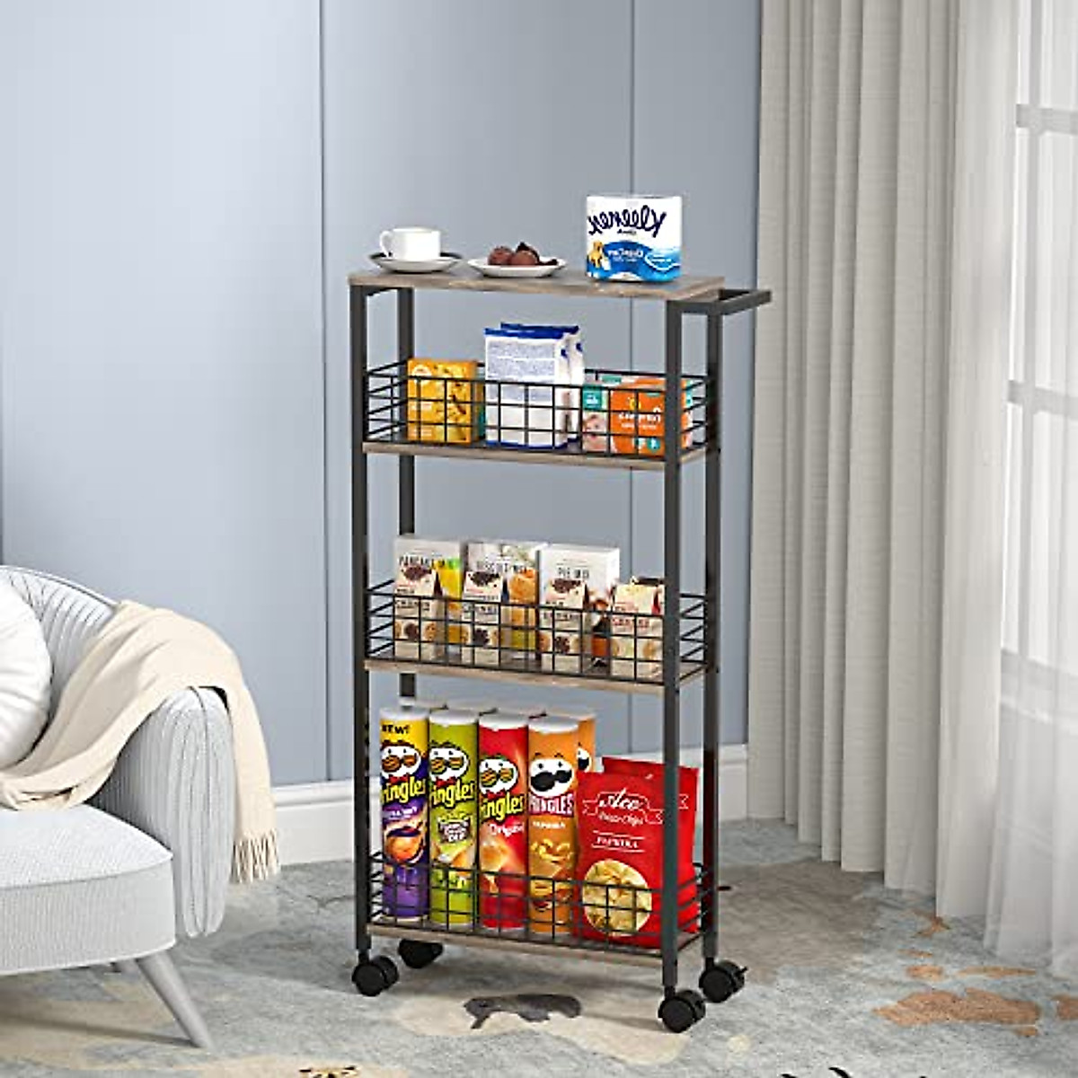 LUMAMU Slim Storage Cart for Small Spaces, 4 Tier Mobile Rolling Cart with Wheels Slide Out Storage Utility Shelves Cart with Wooden for Kitchen Narrow Spaces