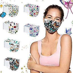Disposable Face Masks, Yassk 3 Layer Butterfly Printed Face Masks with Elastic Ear Loop, Breathable Masks-Dust Air Pollution Protection for Adults (Butterfly-C)