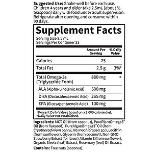 Garden of Life Plant Omega-3 Ala, Dha & Epa Supplement for Children -Liquid, Strawberry - Vegan Brain & Eye Support for Kids, Sugar Free & Non-GMO - 2 Fl Oz