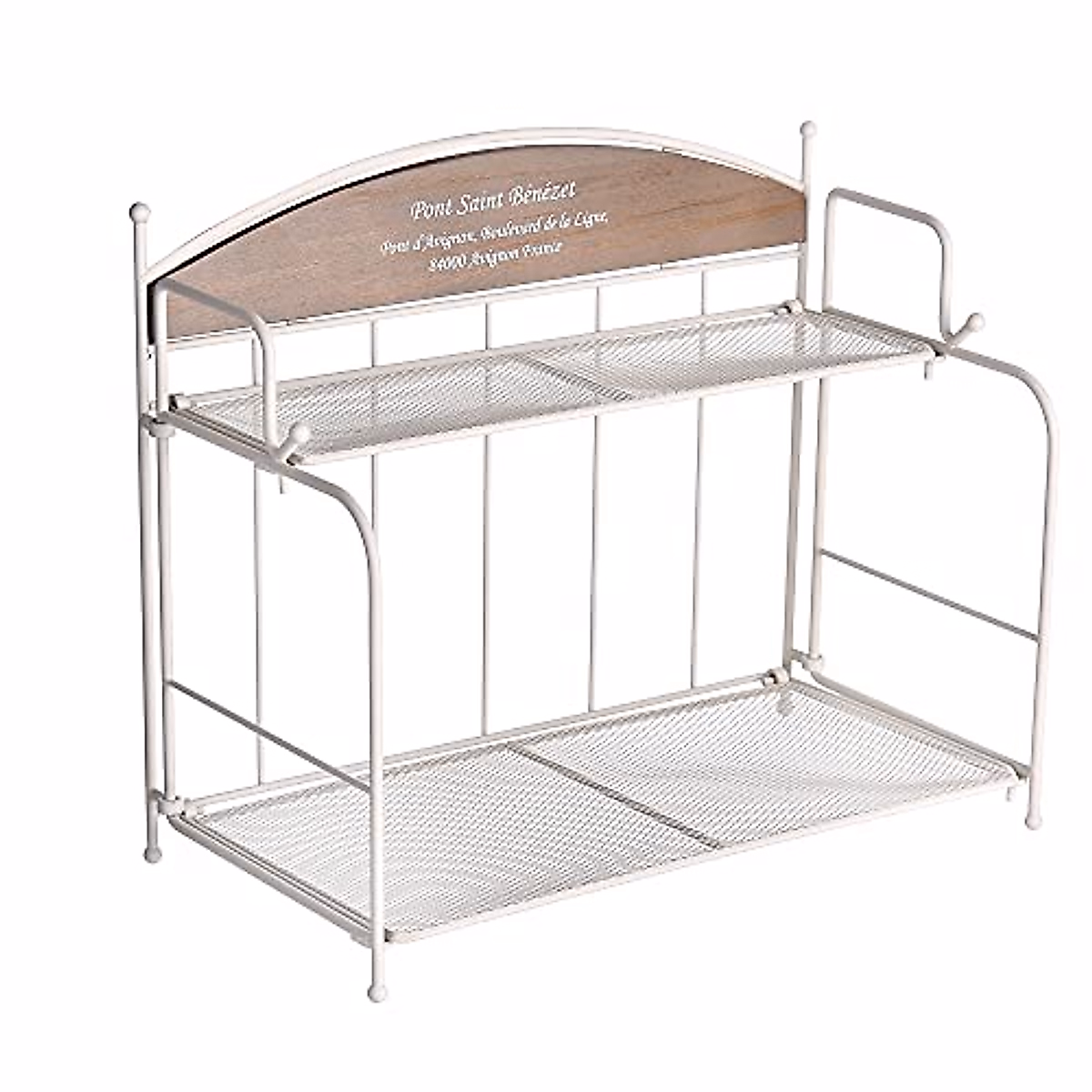 Funly mee 2 Tier Kitchen Countertop Spice Rack, Bathroom Metal and Wood Foldable Shelf Organizer (Rustic White)