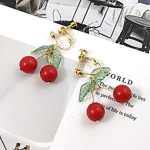 Cute Cherry Clip on Fruit Earrings for Women Red Cherry Ear Clips Dangle Drop Jewelry (1 Pairs)