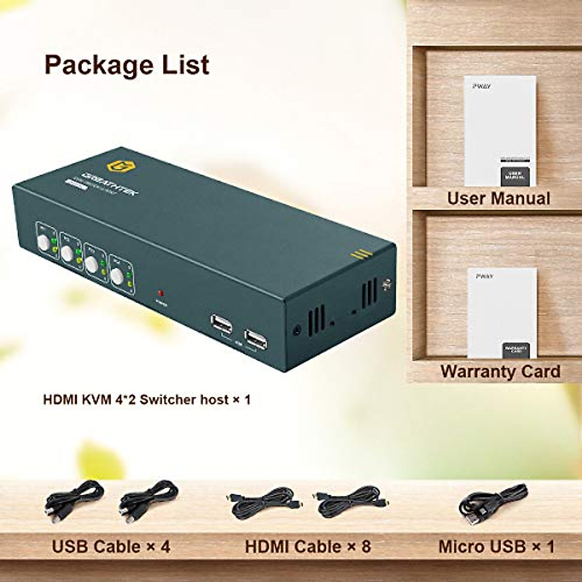 GREATHTEK KVM Switch HDMI Dual Monitor Extended Display 4 Port,USB2.0, Hotkey Switch, UHD 4K@60Hz Resolution YUV4:4:4 Downward Compatible, 4 in 2 Out, with All Needed Cables