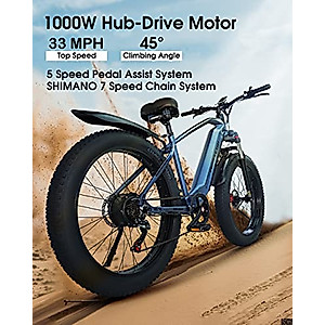 tifgalop Adult Electric Bike, 1000W Motor, Speed max 33 MPH, 48V 18Ah Removable Lithium Battery, 26'' Fat tire Electric Bike Snow Beach Electric Bike 7 Speed