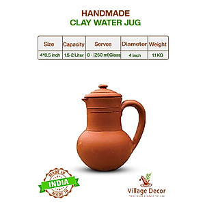 Village Decor Handmade Clay Water Jug With Lid | Carafes Pitcher Capacity 67 oz 2000 ml.