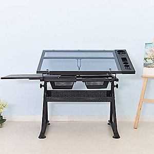 EESHHA Drawing Table Drafting Table with Storage, Height Adjustable Tiltable Art Desk, Glass Panel Drawing Desk, for Work Study Painting Craft Table