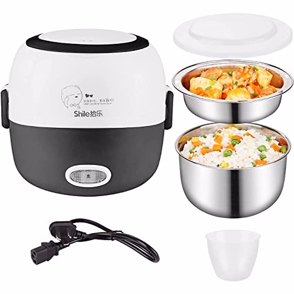 Thousanday Electric Lunch Box- 110V 200W Removable Stainless Steel Food Heating Rice Cooker - with Bowl, Plate, Measuring Cup (Black)