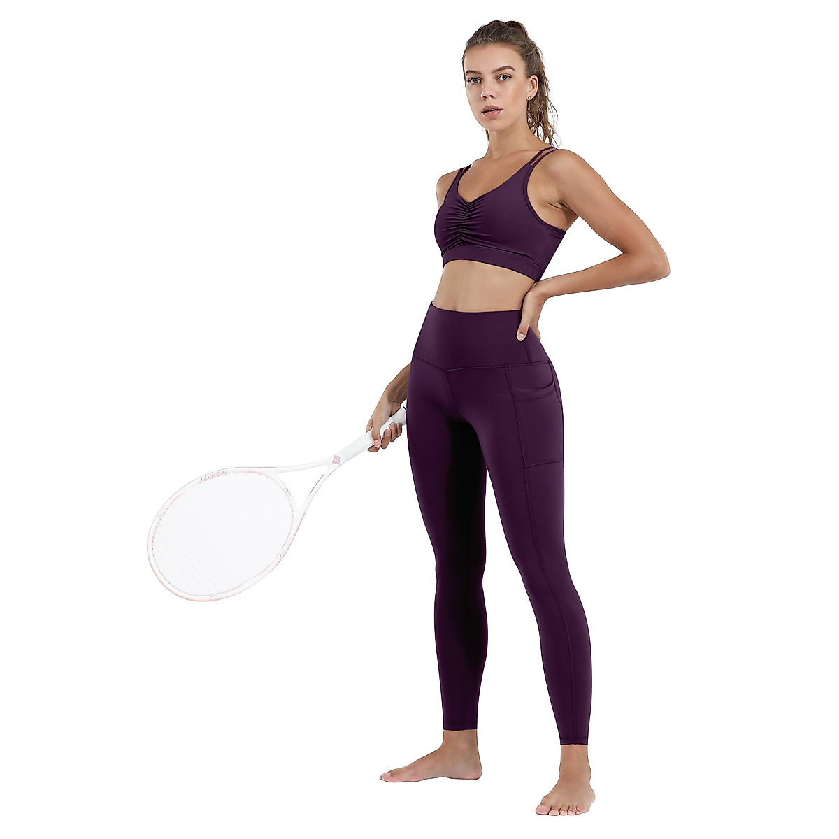 CHRLEISURE Leggings with Pockets for Women, High Waisted Tummy Control Workout Yoga Pants(5 Packs, Black,Gray,Green,Purple,Cassis, S)