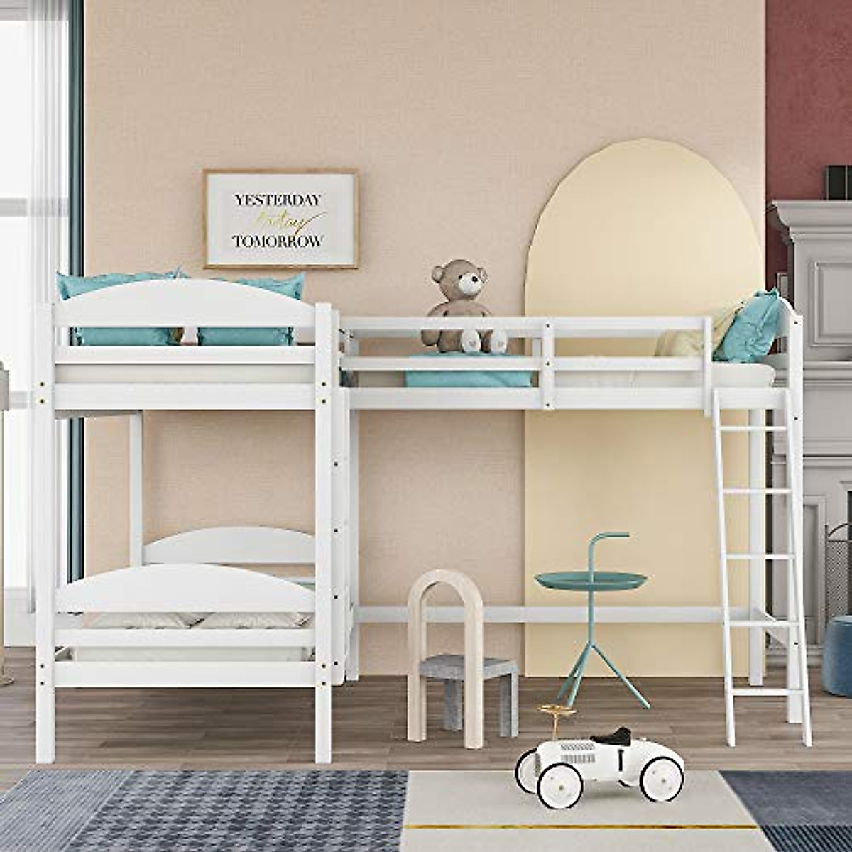 L-Shaped Triple Bunk Bed, Twin Over Twin Corne Bunk Bed Attached a Twin Loft Bed,Triple Bunk for Kids,3 Bed Bunk Beds with Guardrails and Angle Ladder for Boys Girls Teens