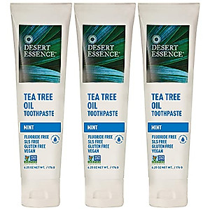 Desert Essence Tea Tree Oil & Mint Toothpaste, Peppermint, 6.25 oz (Pack of 3) Fluoride Free, Gluten Free, Vegan, Non-GMO - with Baking Soda for Deep Cleaning & Healthy Teeth & Gums, Fresh Breath