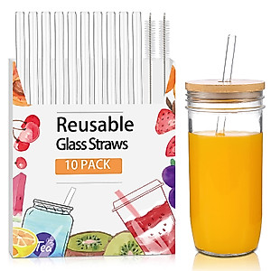 [10 Pcs] Reusable Glass Straws Shatter Resistant - 9" x 10 mm Eco Friendly Clear Drinking Reusable Straws With 2 Cleaning Brushes for Coffee,Milkshakes,Juice Drinks